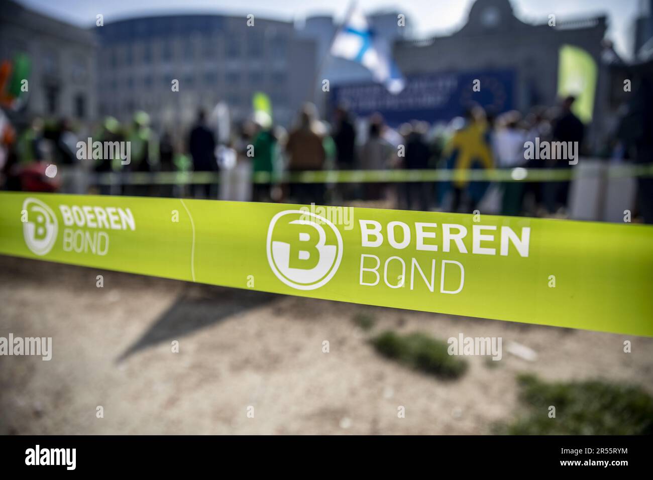 The Boerenbond logo pictured during a protest action by Belgian ...
