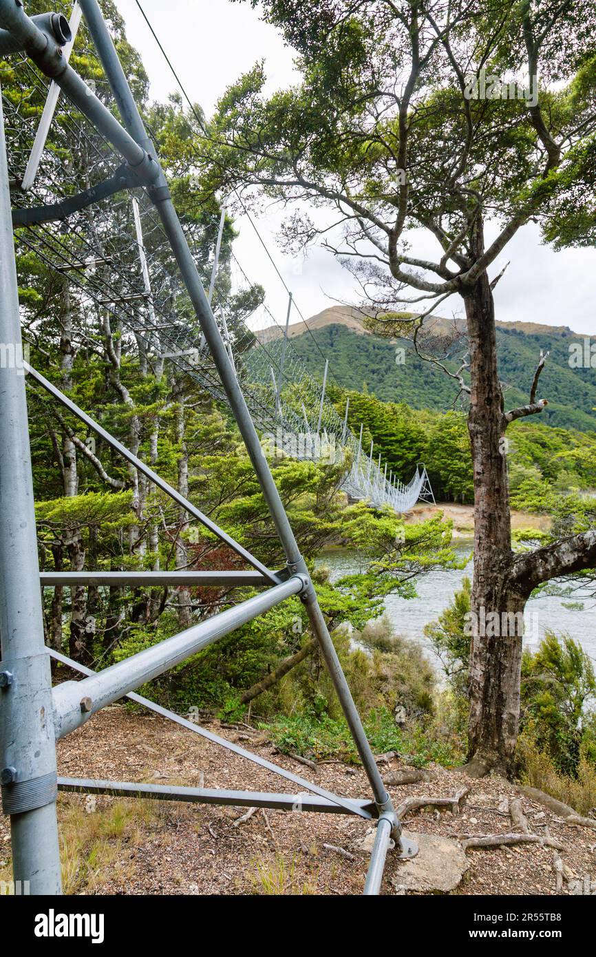 Suspension walking bridge over the Mararoa River, Mavora Lakes ...