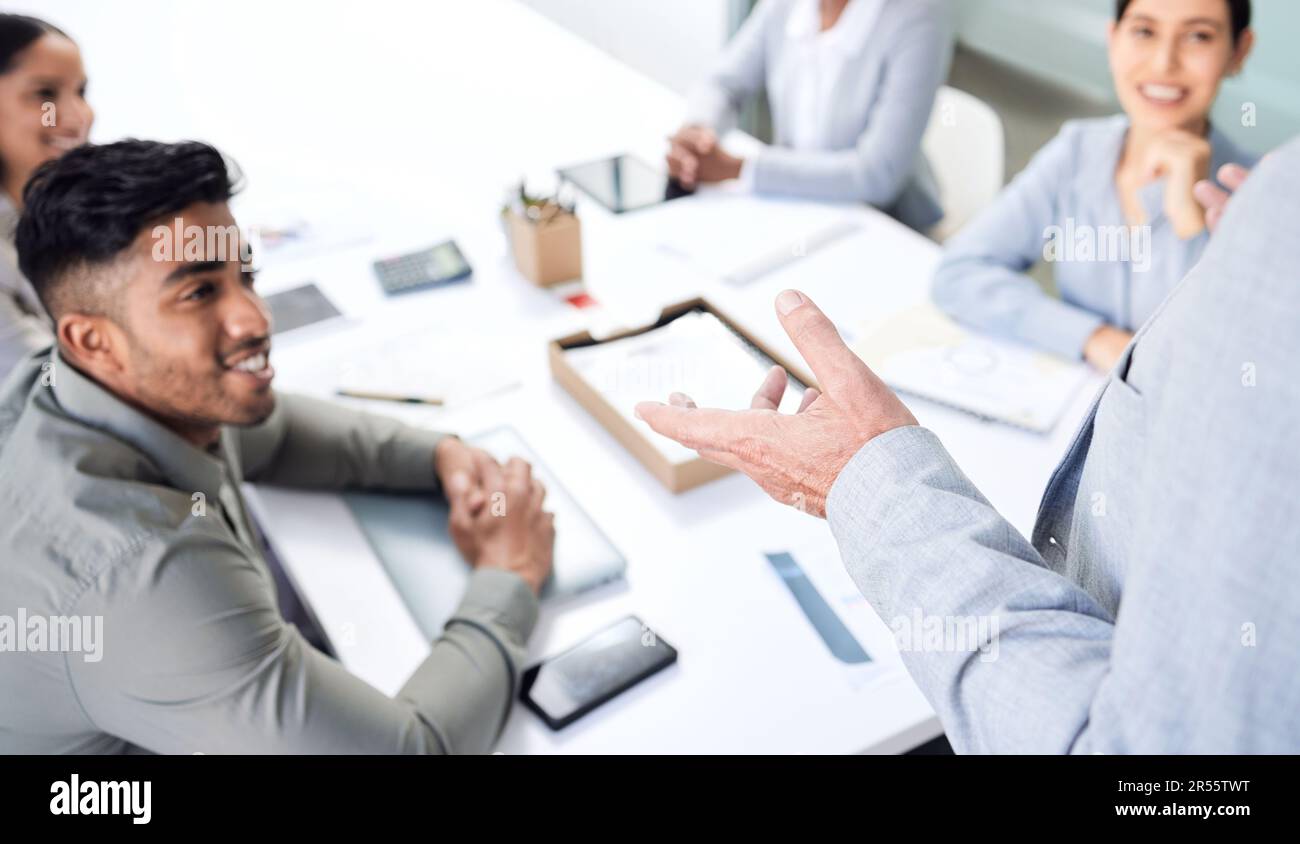 Presentation, speaker and business people listening to manager, boss or ...