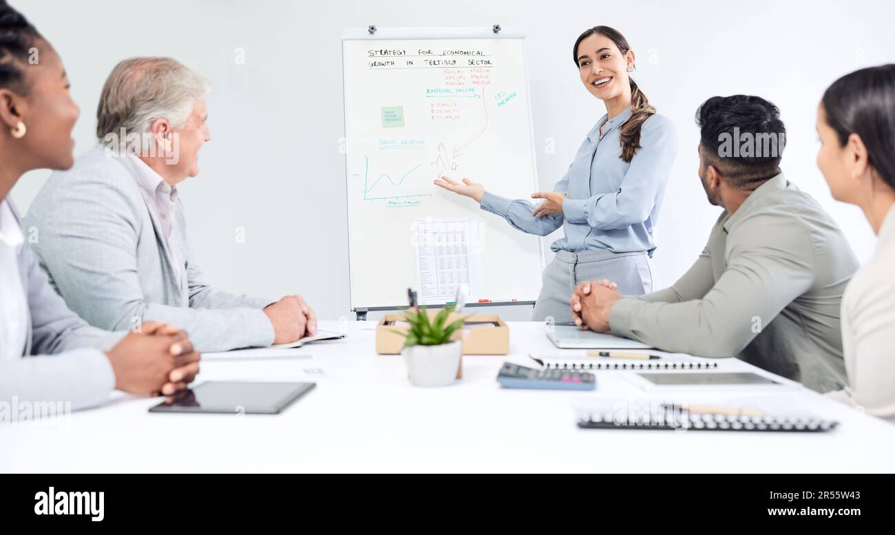 Whiteboard, business meeting and woman graphs, lines and statistics for ...