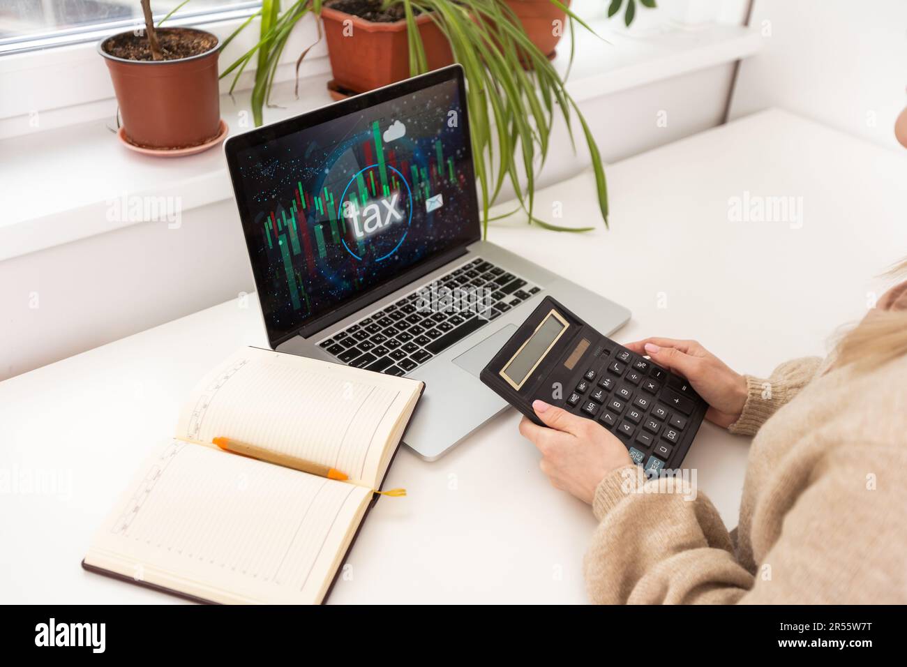 Close up top view of concentrated woman work on laptop manage family ...