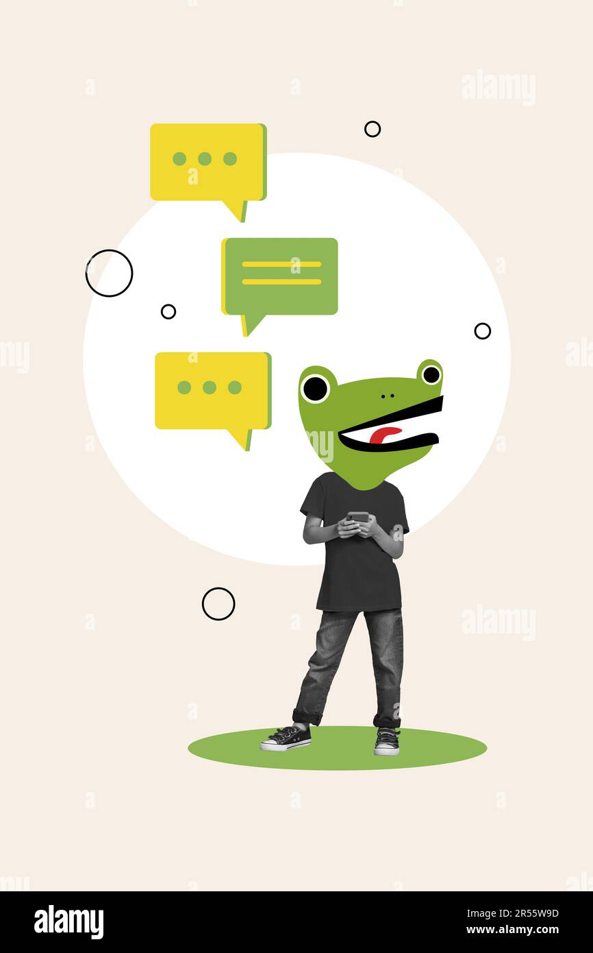 3d abstract template collage of funky frog head boy communicating ...
