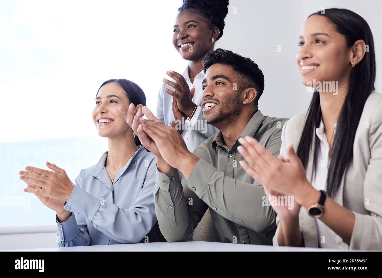 Business people, meeting and applause for success, corporate training ...