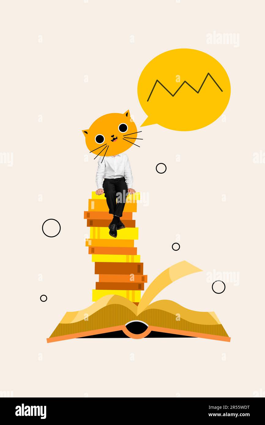 Vertical illustration collage picture of head cat sketch picture of ...