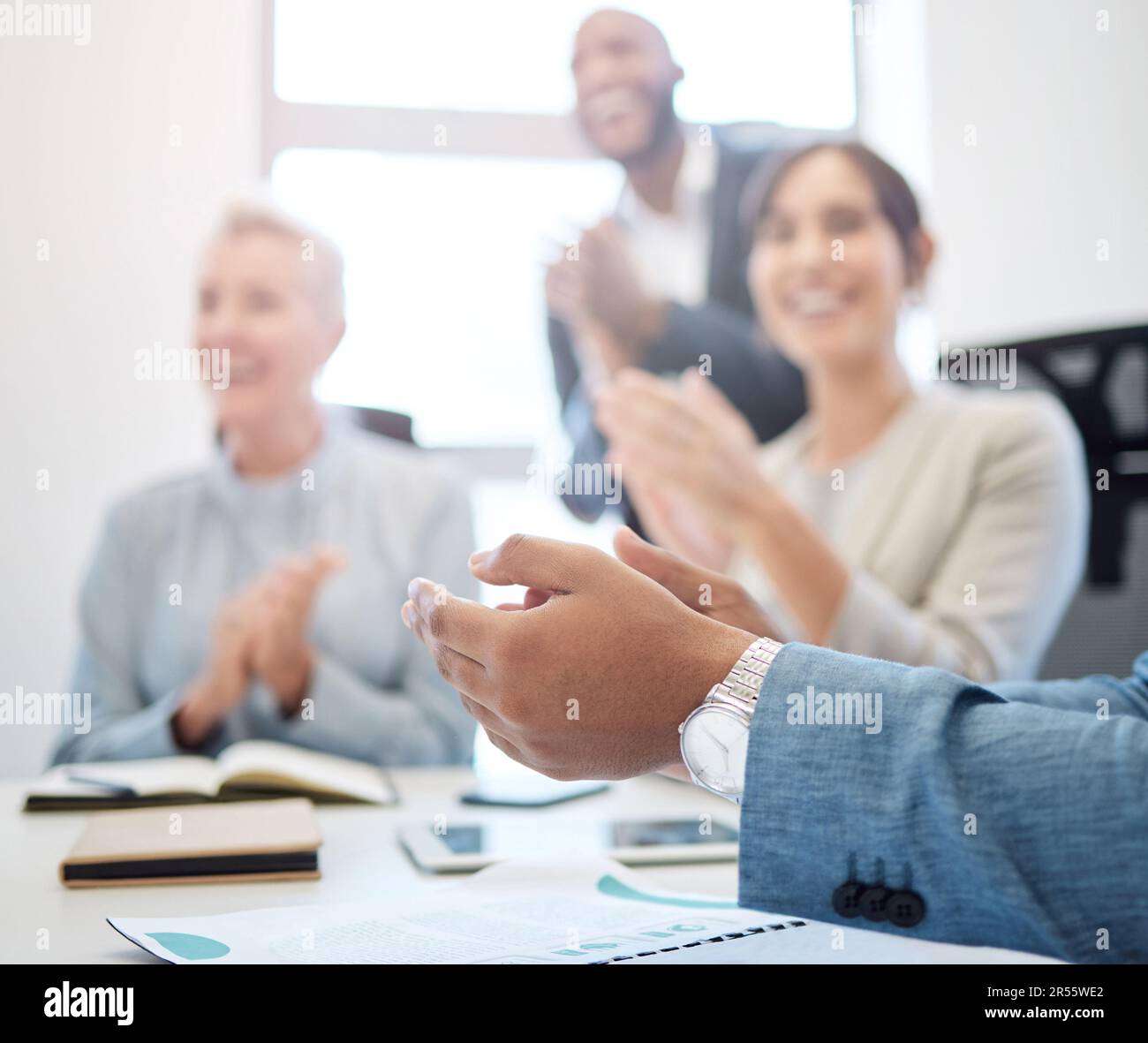 Hands, applause and people in business meeting, presentation or team ...
