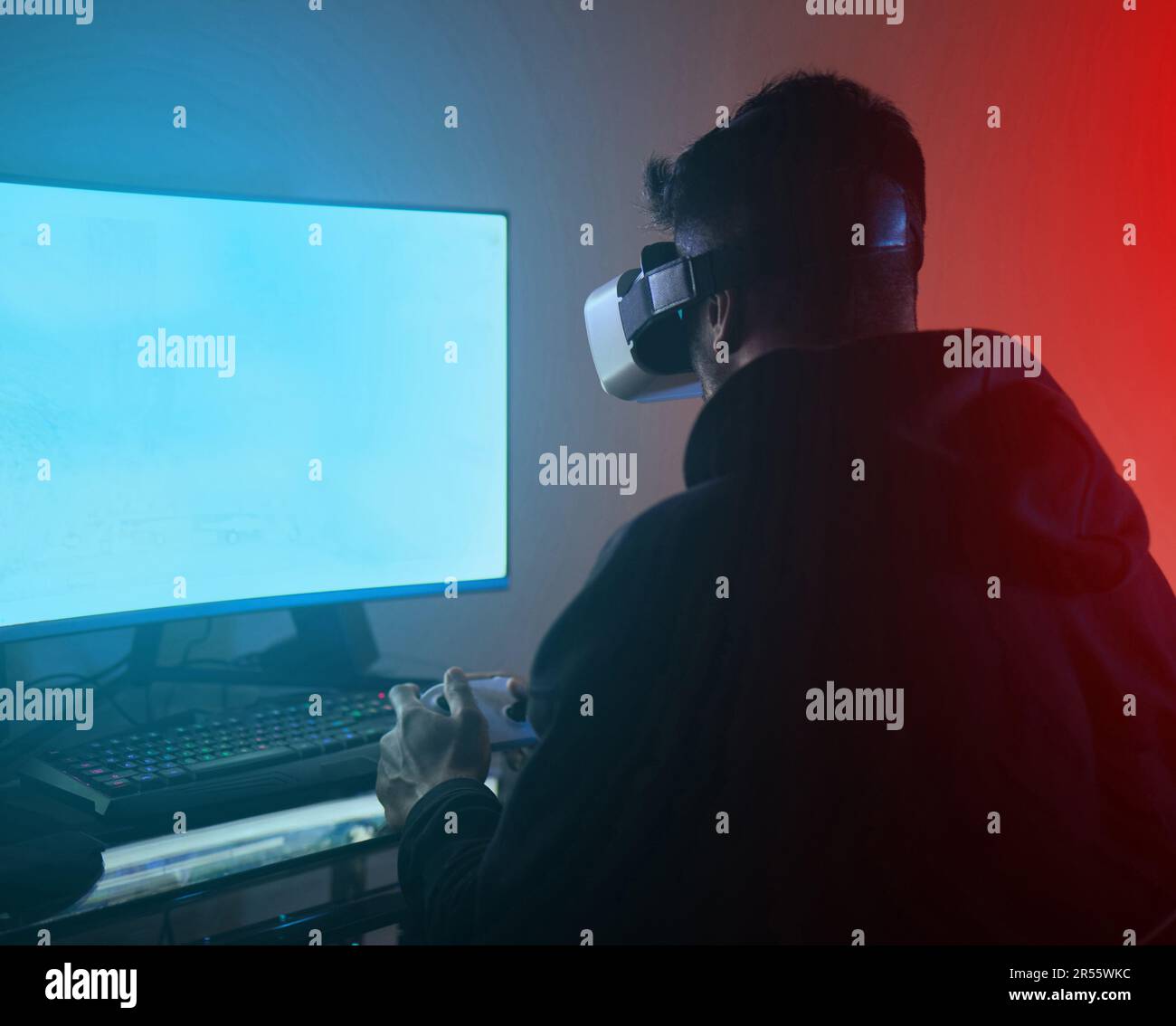 Man, computer with green screen, virtual reality and gaming, online ...