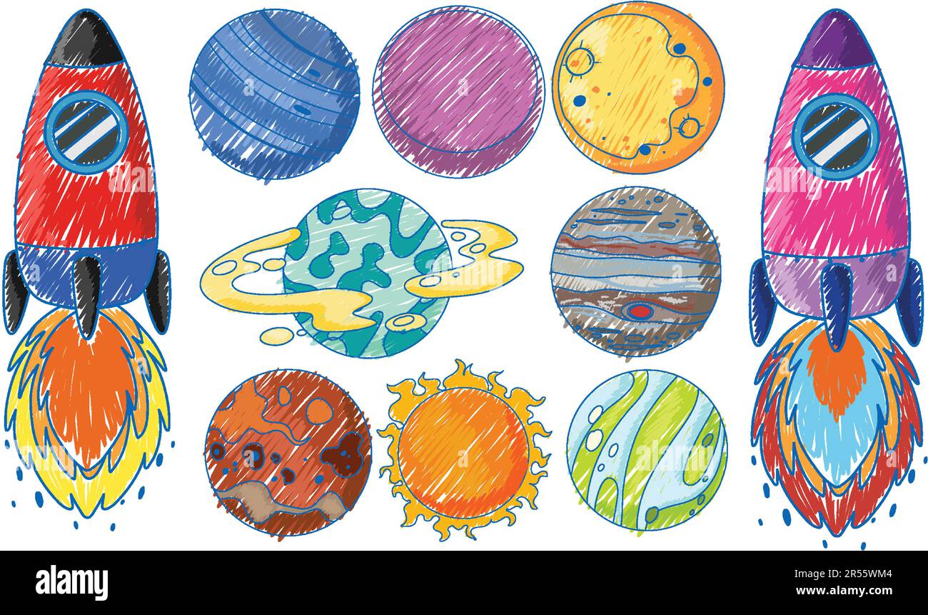 Rocket and planets in Pencil Colour Sketch Simple Style illustration ...
