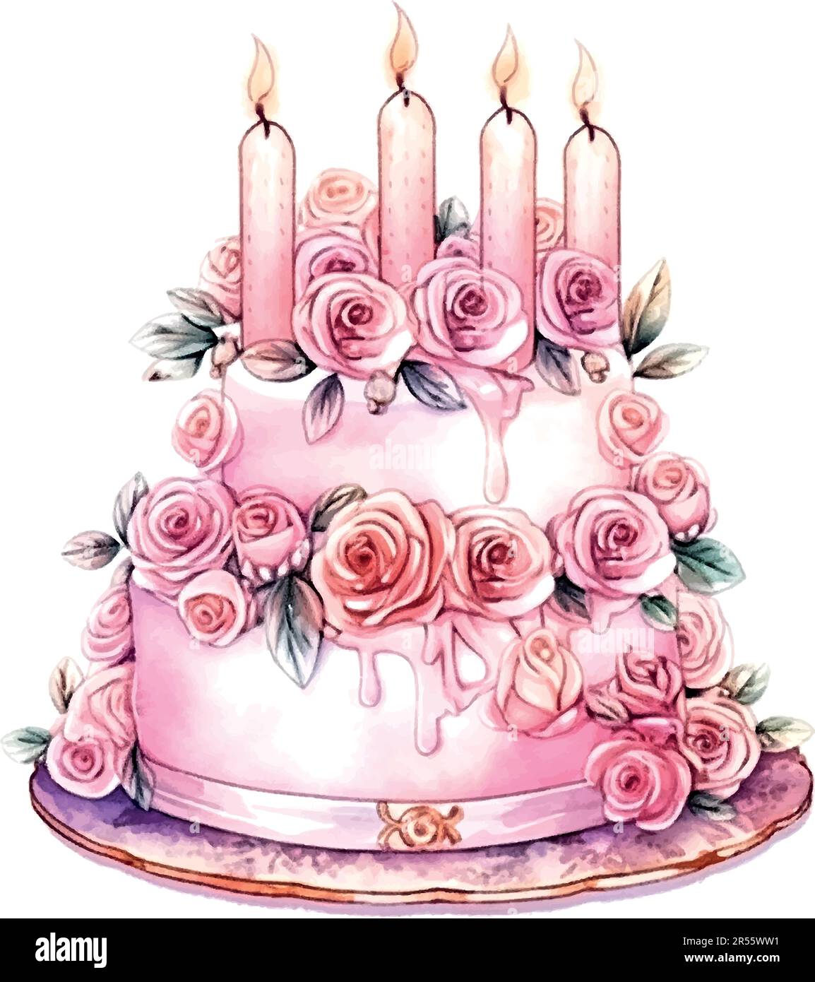 Colorful pink birthday cake watercolor in vintage style on white ...
