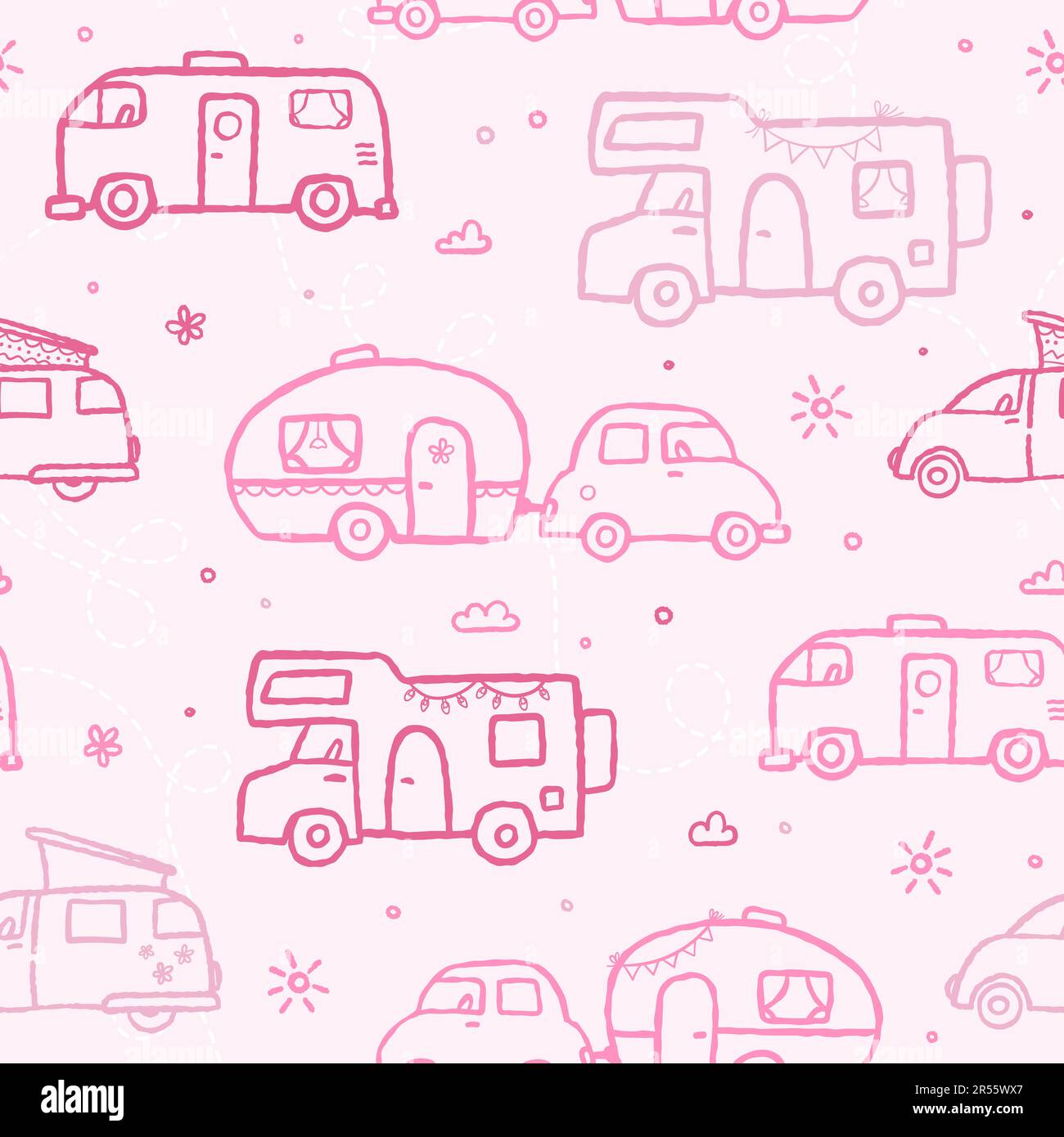 Cute doodle Camper Vans, Caravans and Motorhomes - seamless pattern ...