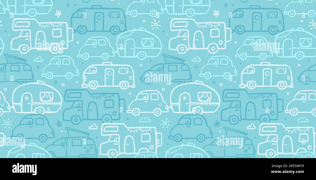 Cute doodle Camper Vans, Caravans and Motorhomes - seamless pattern ...