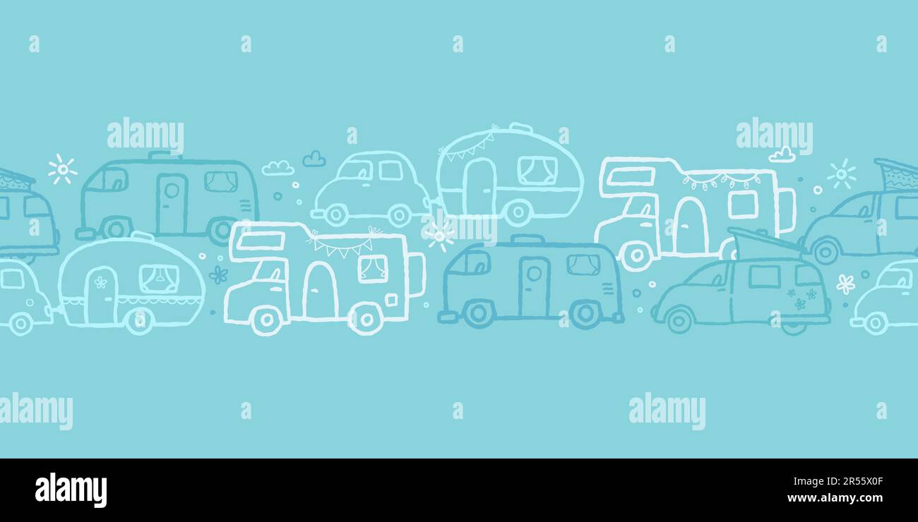 Cute doodle Camper Vans, Caravans and Motorhomes - seamless pattern ...