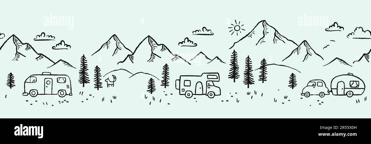 Road trip seamless pattern, doodle camper vans, vanlife, adventure ...
