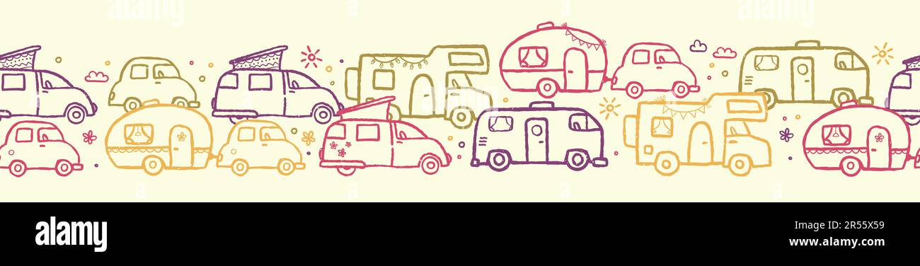 Cute doodle Camper Vans, Caravans and Motorhomes - seamless pattern ...