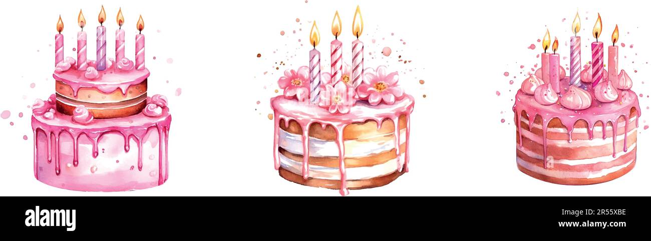 Colorful pink birthday cake watercolor in vintage style on white ...