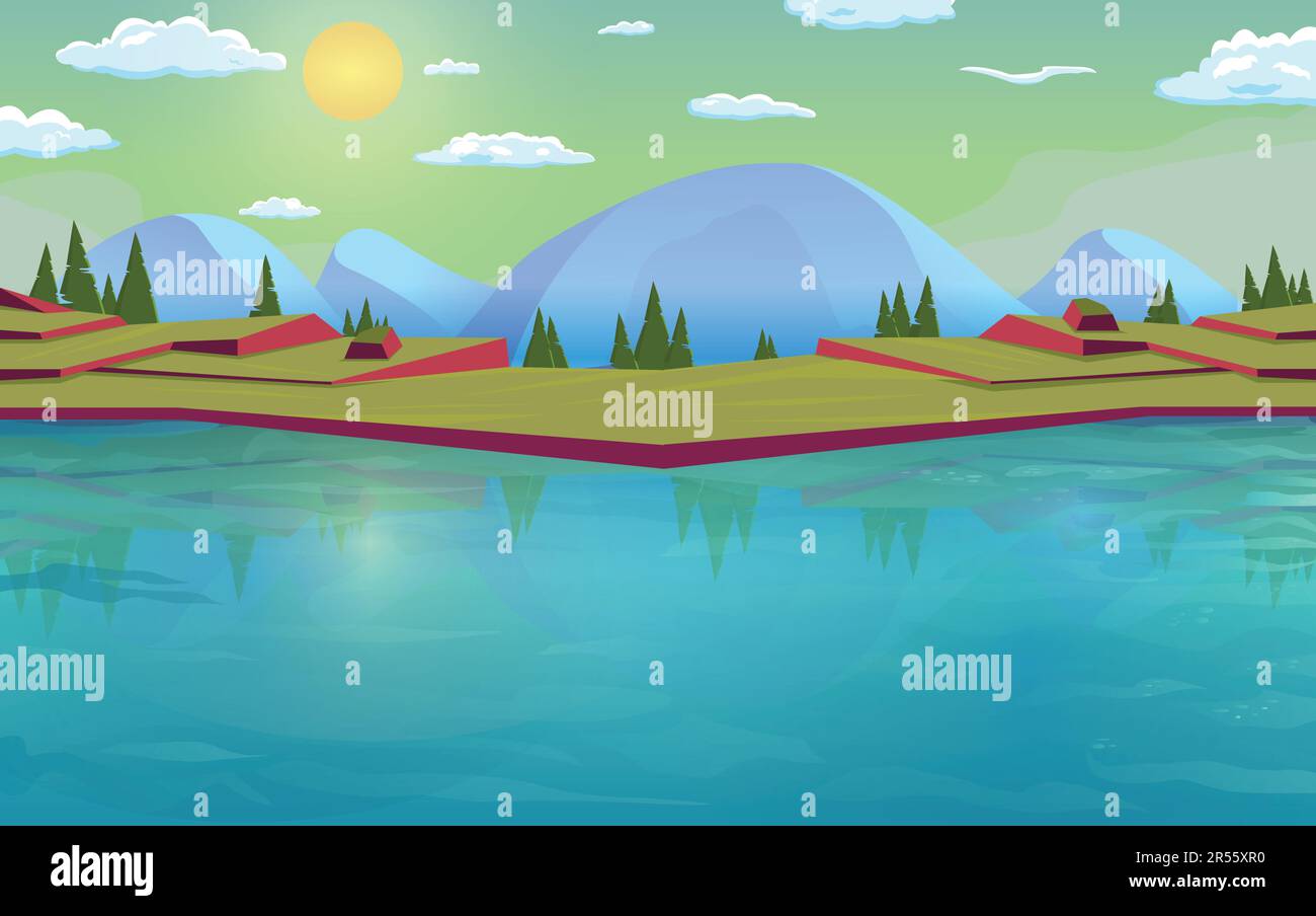 Evening village scene landscape cartoon background of green meadows and ...