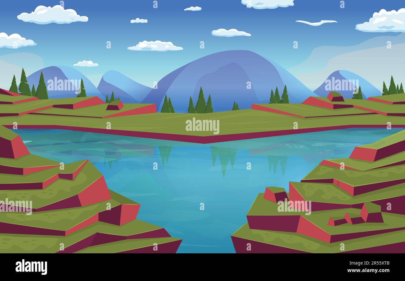 Evening village scene landscape cartoon background of green meadows and ...