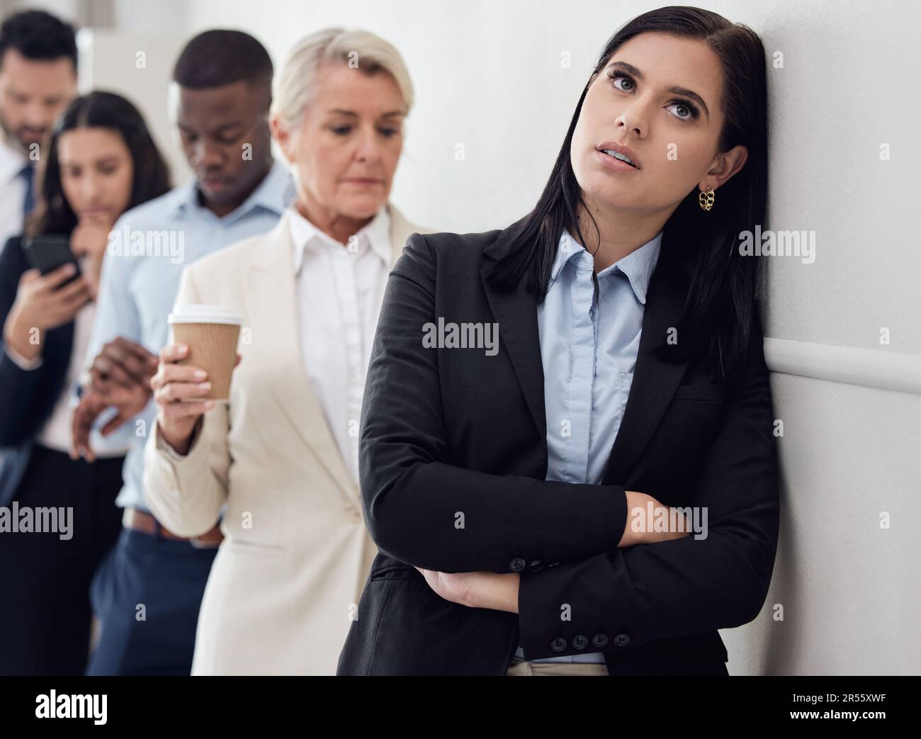 Tired, waiting room and woman in line for business interview, job ...