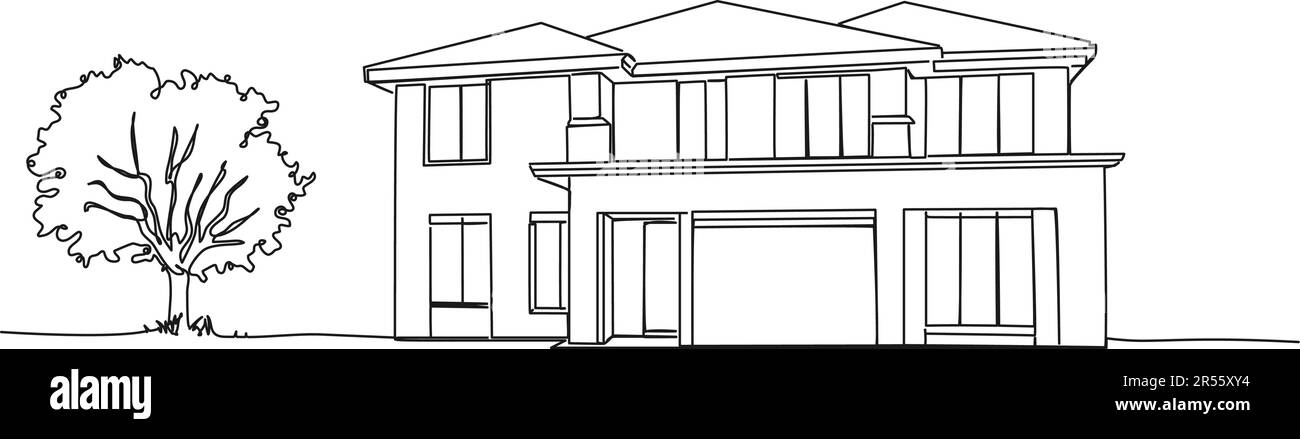 continuous single line drawing of luxurious single family home, line ...