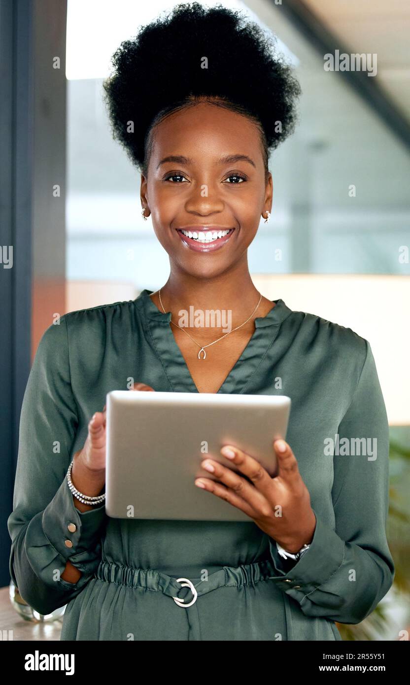 Black woman in business, tablet and smile in portrait, web design and ...
