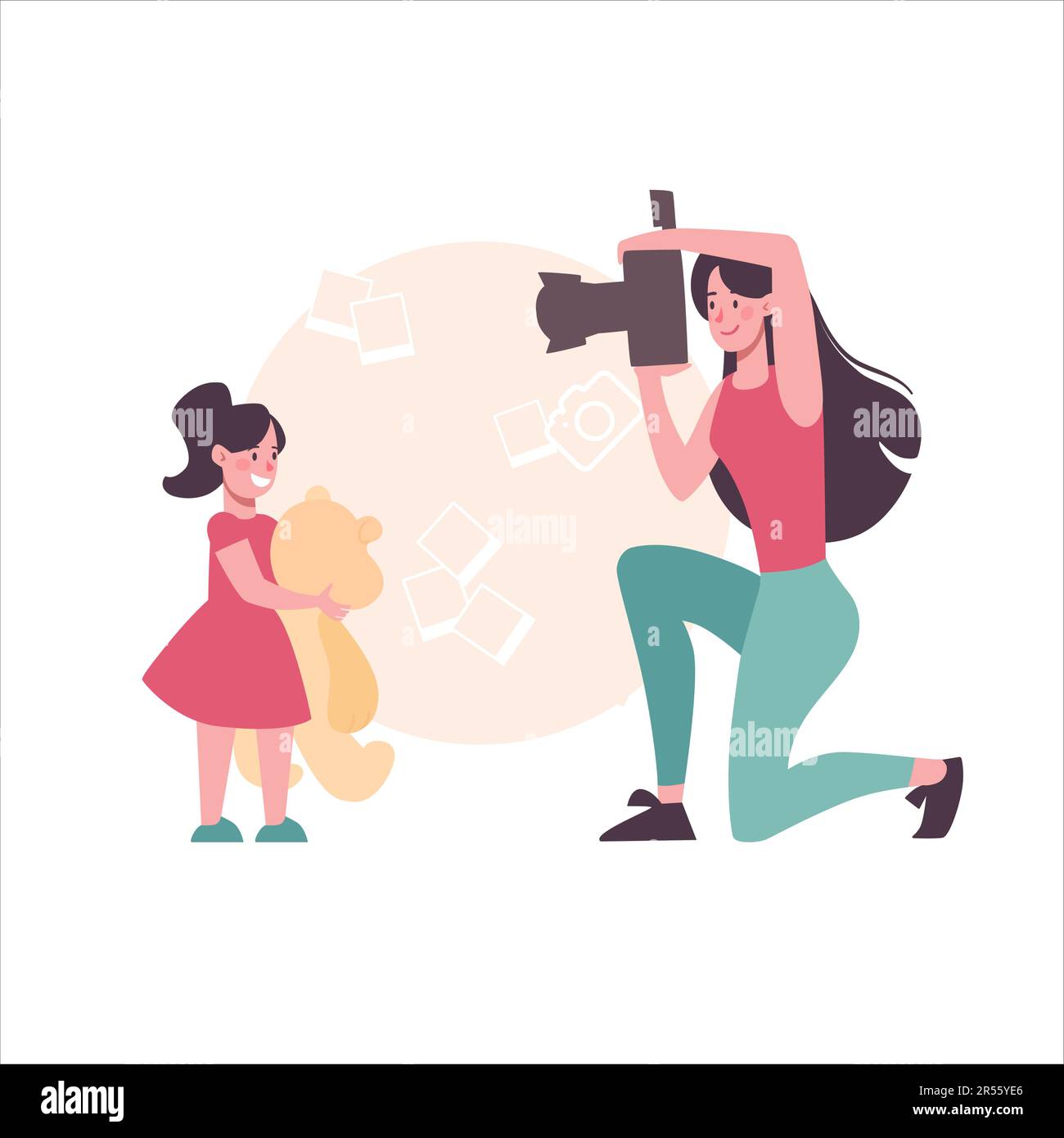 Mother photographs her little daughter with a teddy bear. A woman ...