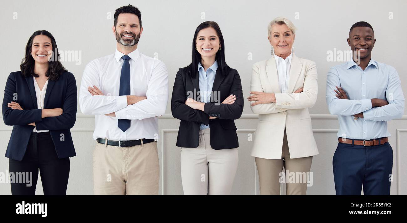Portrait, collaboration and arms crossed with a diverse leadership team ...