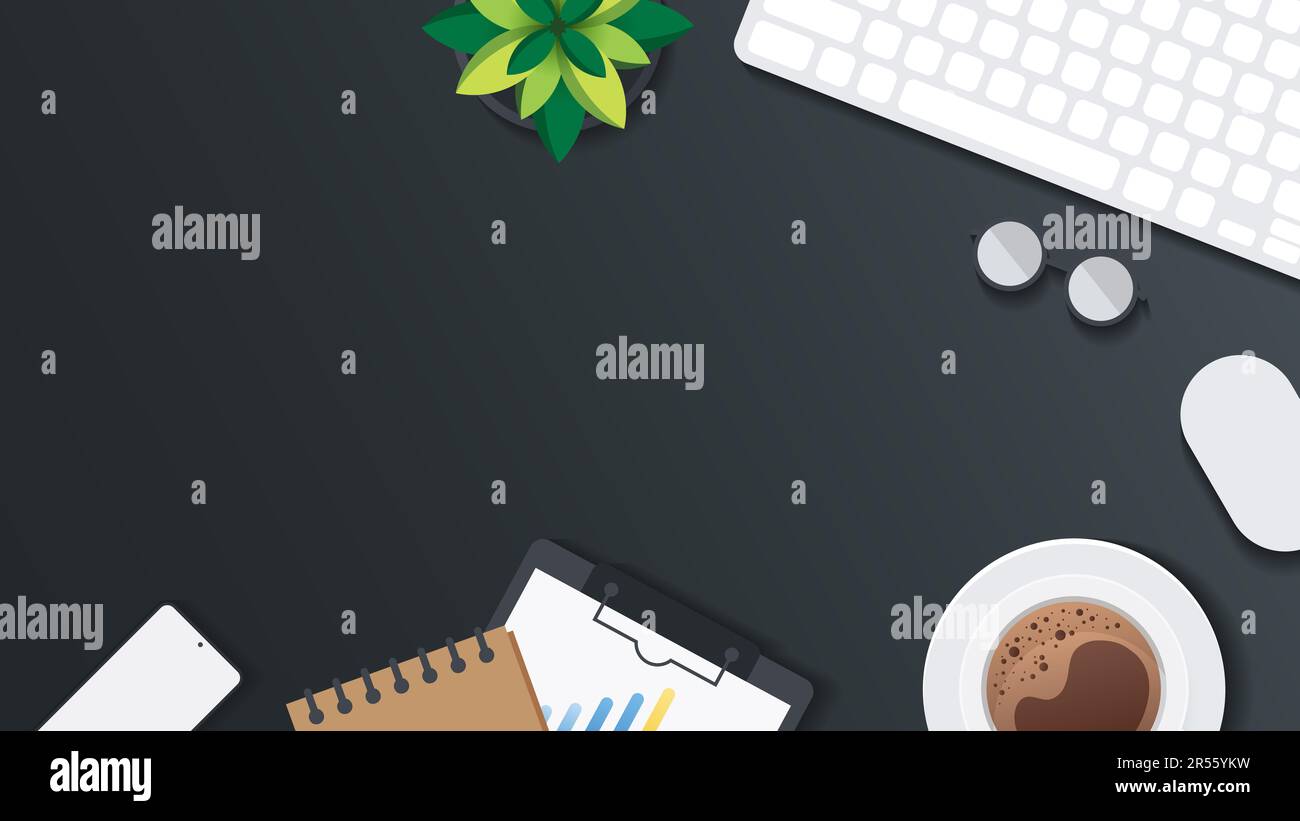 Cover and banner of working desk with gadget. Top view of table working ...