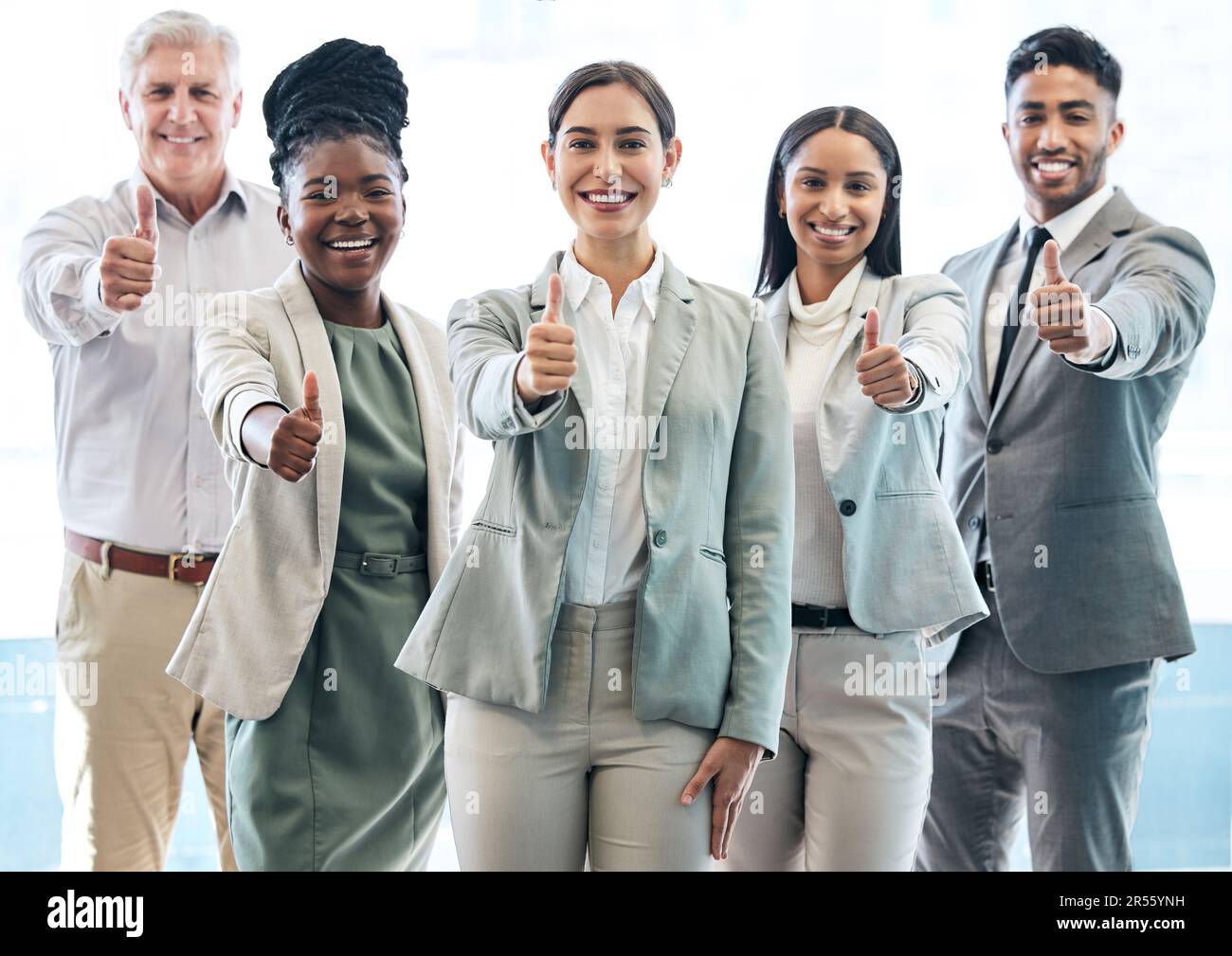 Business people, portrait and thumbs up for winning, success or goals ...