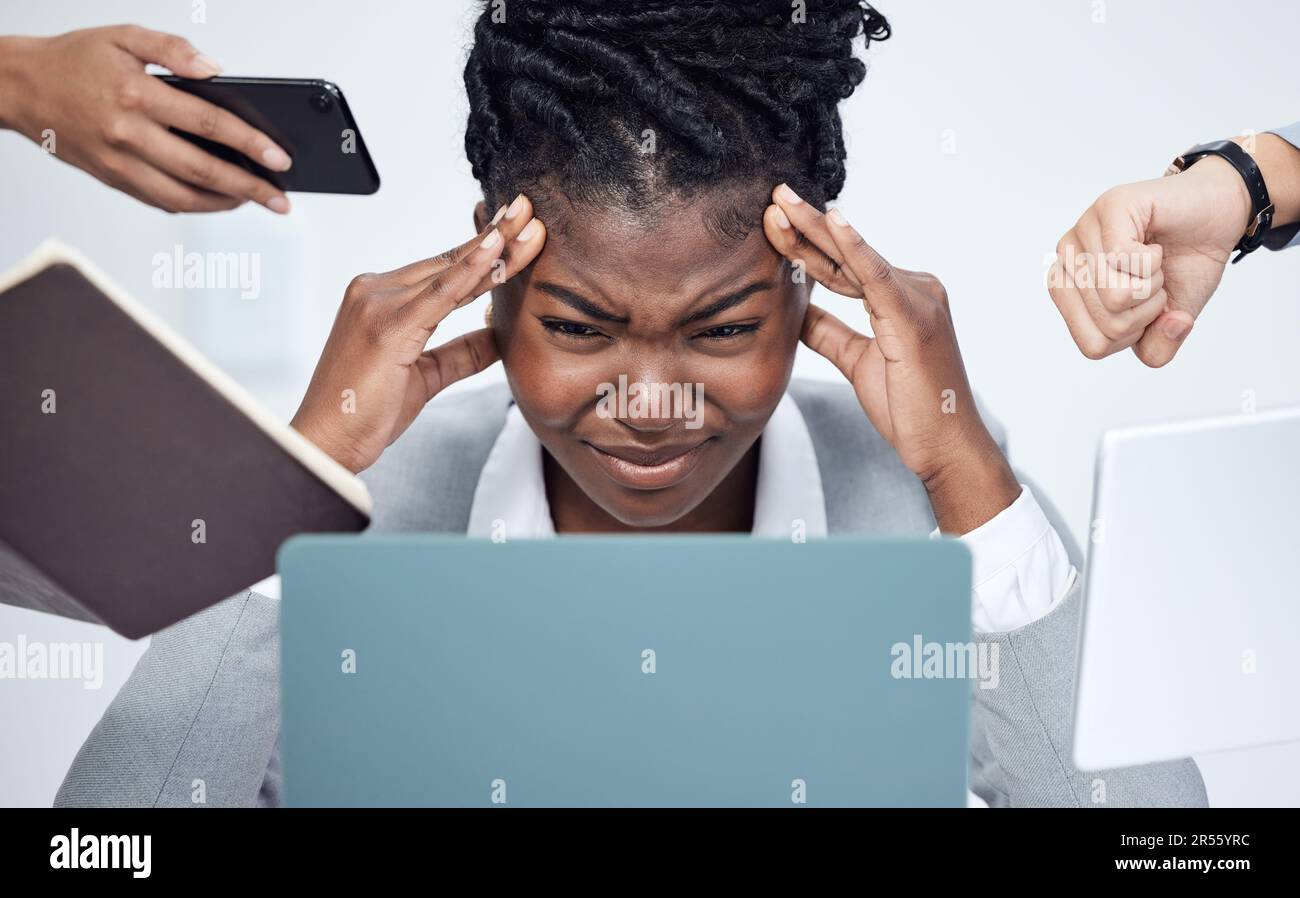 Black woman, work and overwhelmed by business stress, phone call or ...