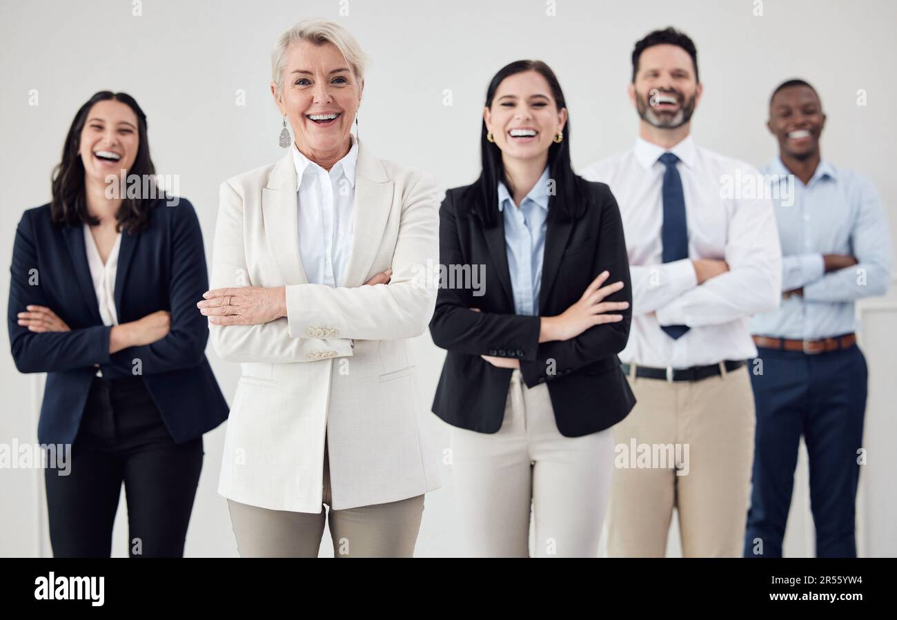 Portrait, leadership and an arms crossed business woman together with her team in a professional ...