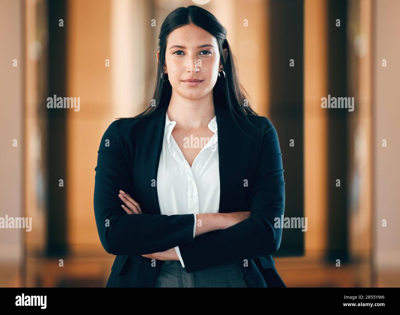 Business, woman and arms in a serious portrait at the office for career ...