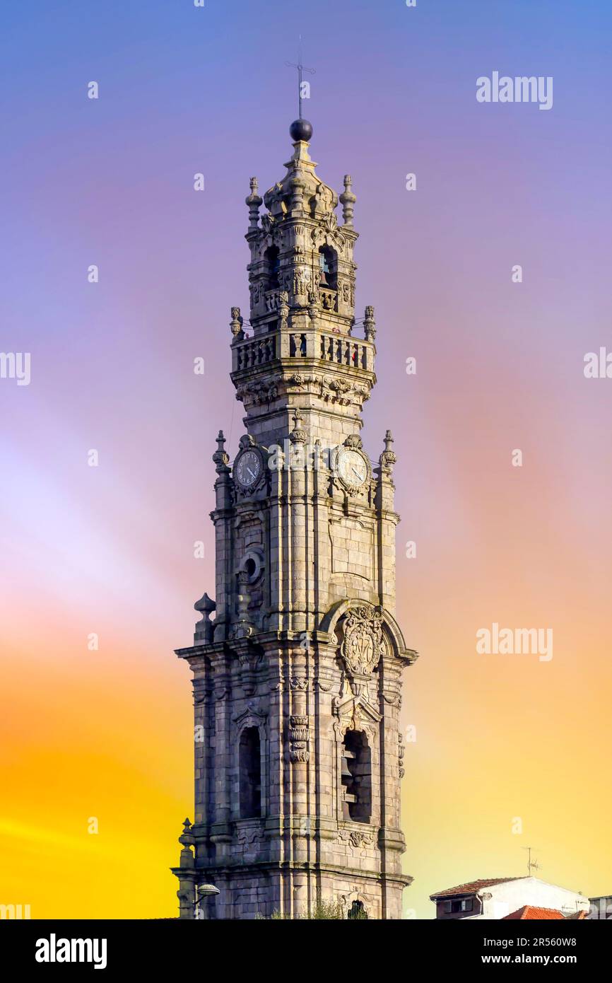 Medieval exterior architecture of Torre dos Clerigos in Porto, Portugal ...
