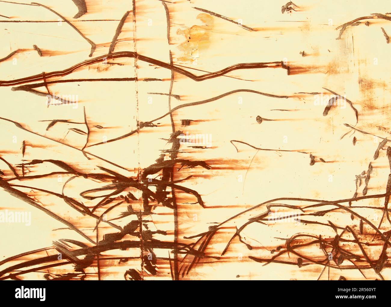 A red brown abstraction of scratched rusty lines and textures on an old ...