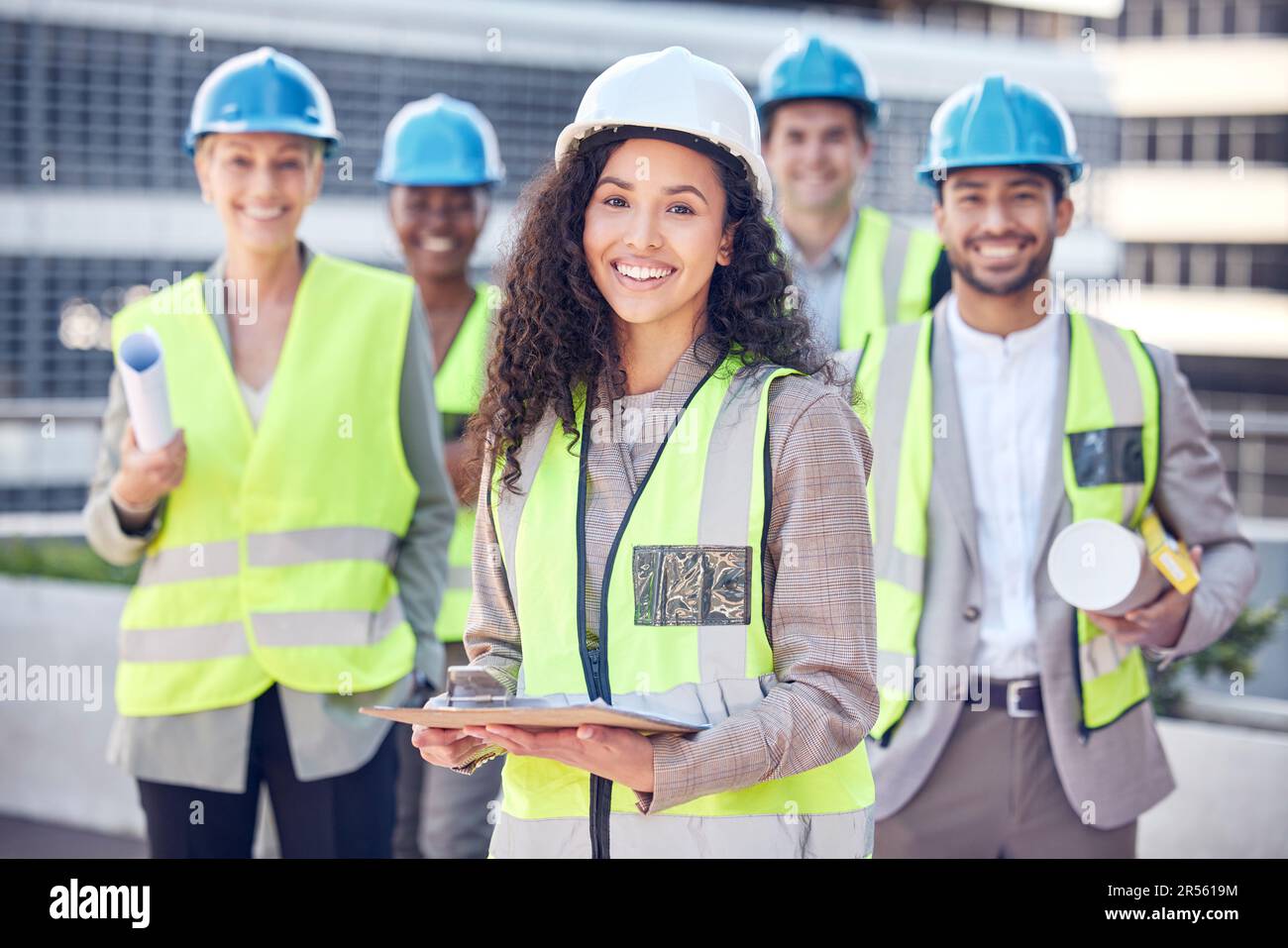 Engineering, construction and team with woman manager outdoor for civil ...