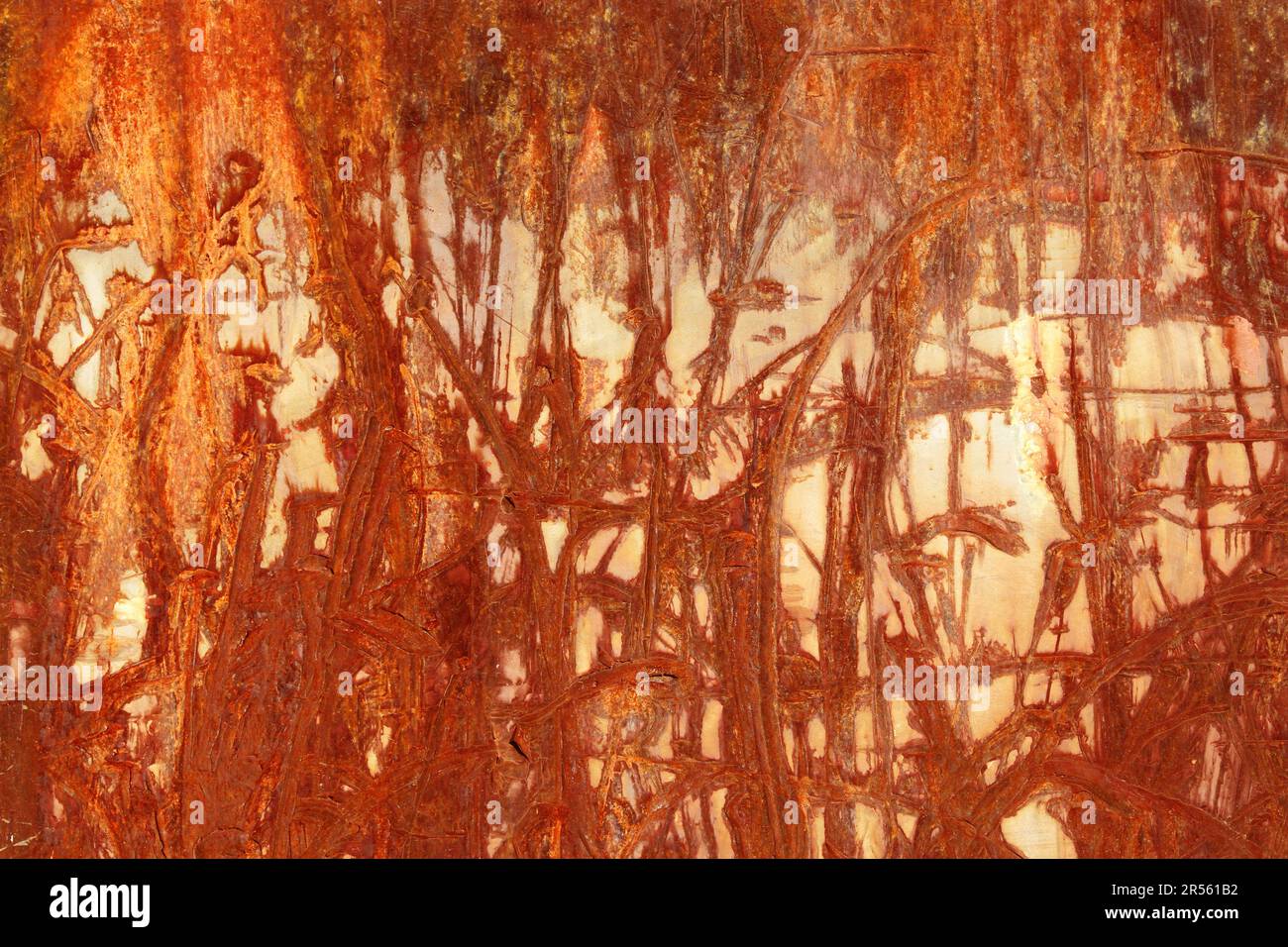 A red brown abstraction of scratched rusty lines and textures on an old ...