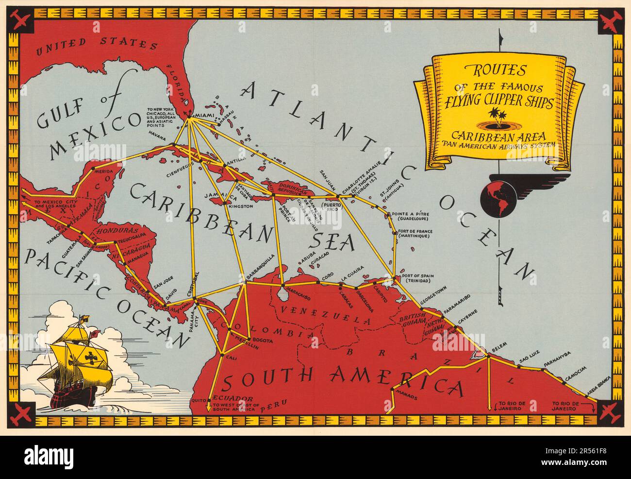 Pan American Airways System, Travel poster 1930 - Routes of the famous ...