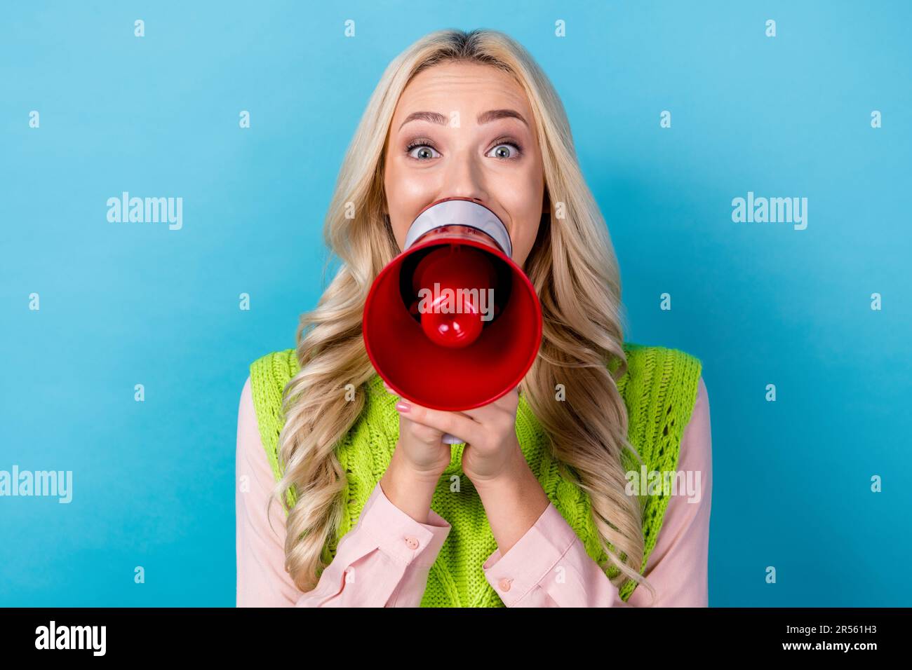 Photo of young crazy boss woman hold loudspeaker screaming announce ...