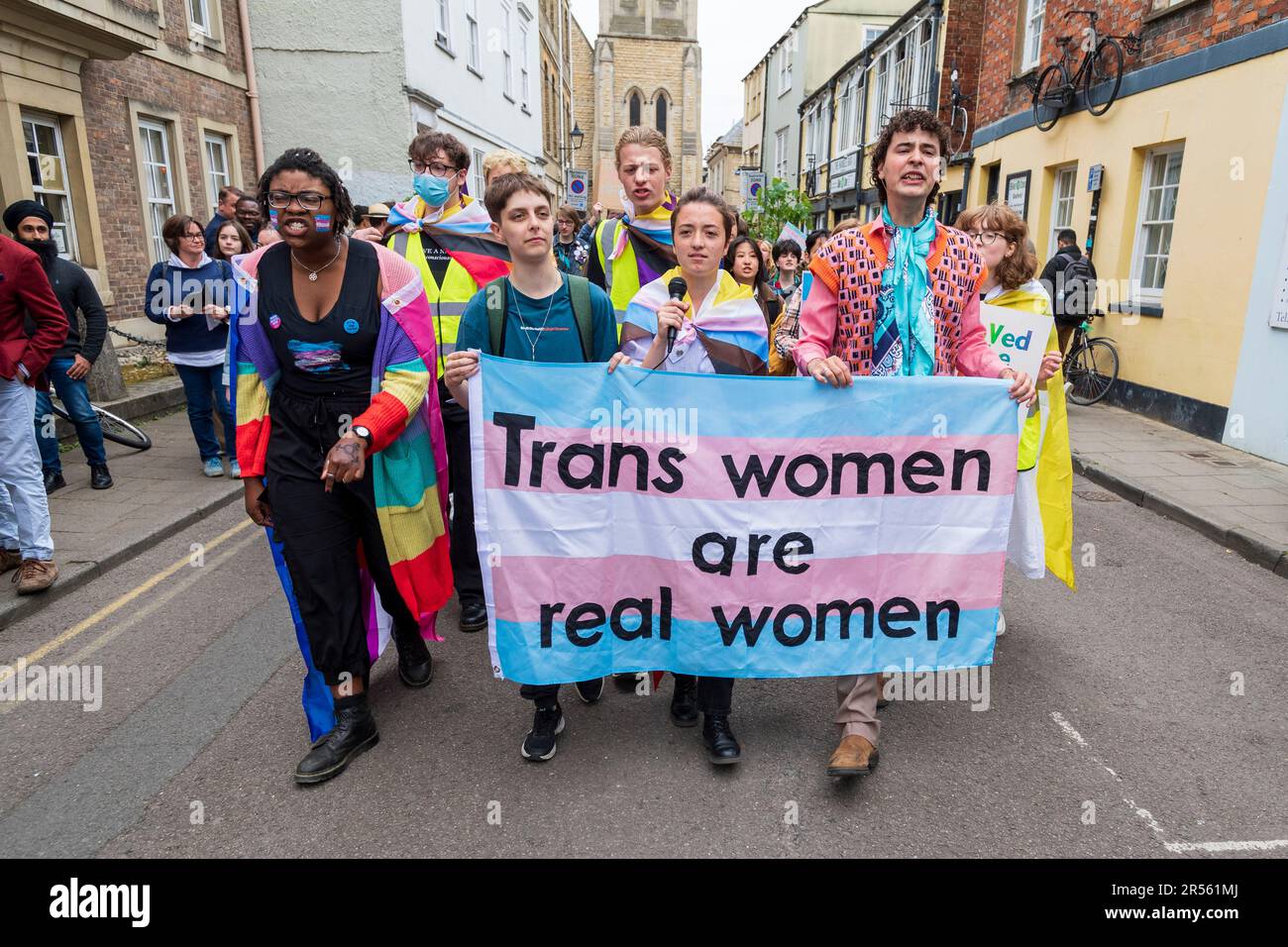 Pro-trans rights activists marching towards the Oxford Union to hold a ...