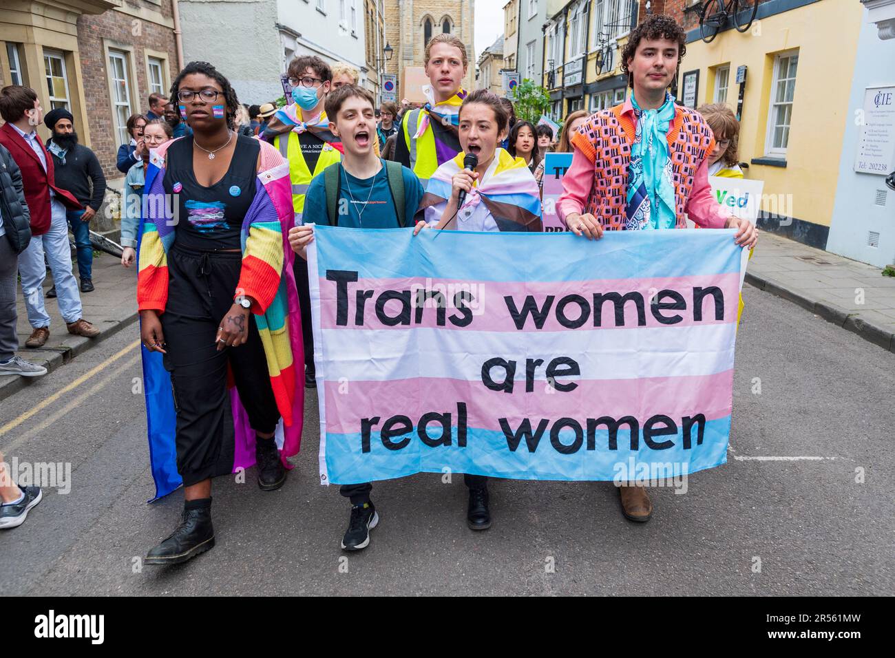 Pro-trans rights activists marching towards the Oxford Union to hold a ...