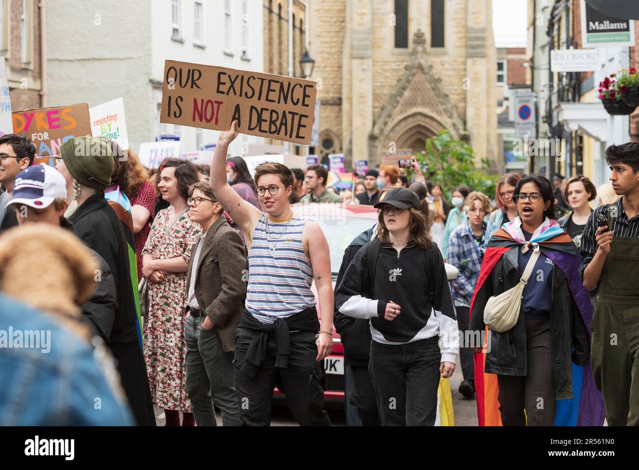 Pro-trans rights activists marching towards the Oxford Union to hold a ...
