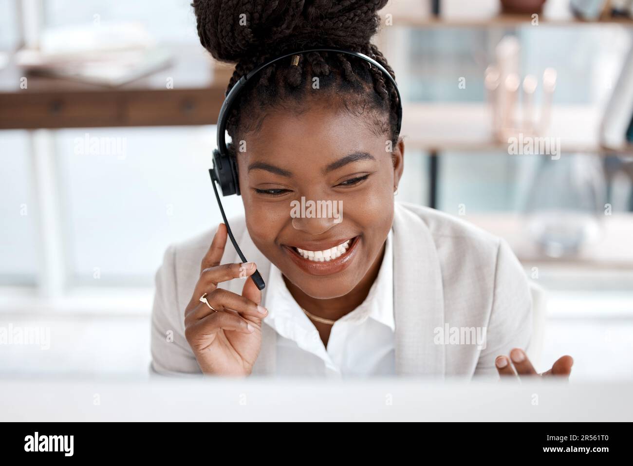 Black woman, call center and smile with headphones in customer service ...