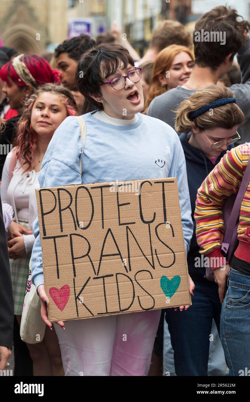 A group of pro-trans rights advocates are peacefully protesting outside ...