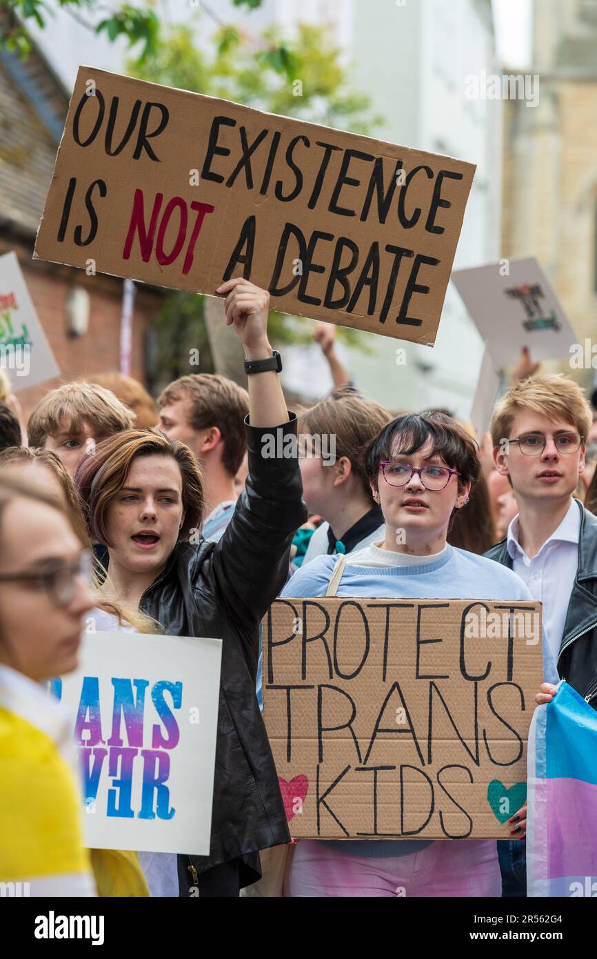 A group of pro-trans rights advocates are peacefully protesting outside ...