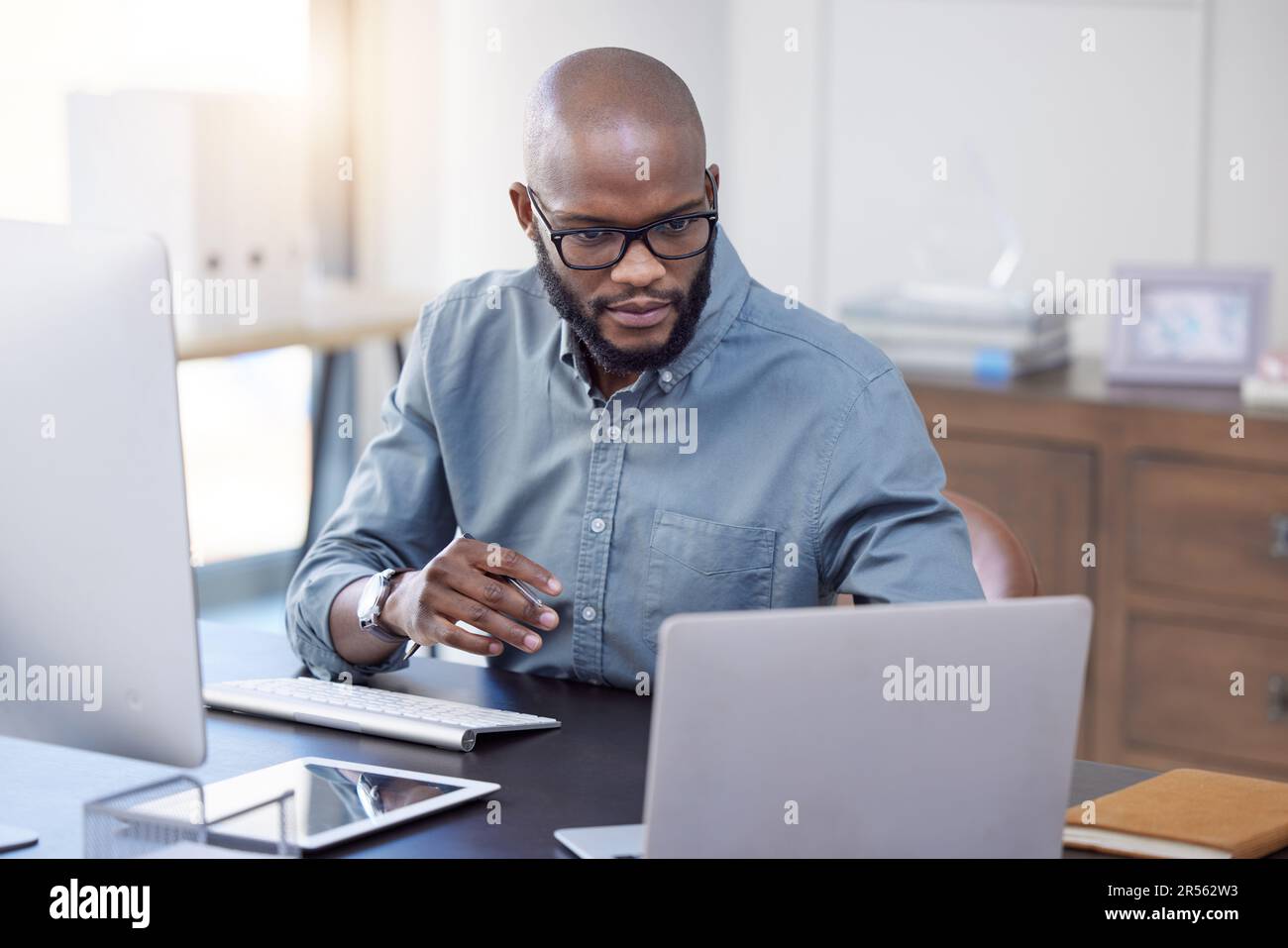 Programmer Laptop And Black Man Reading Software Coding Or Email In