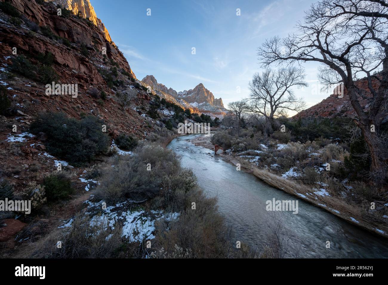 River running through mountain landscape, The Watchman trail, Zion ...