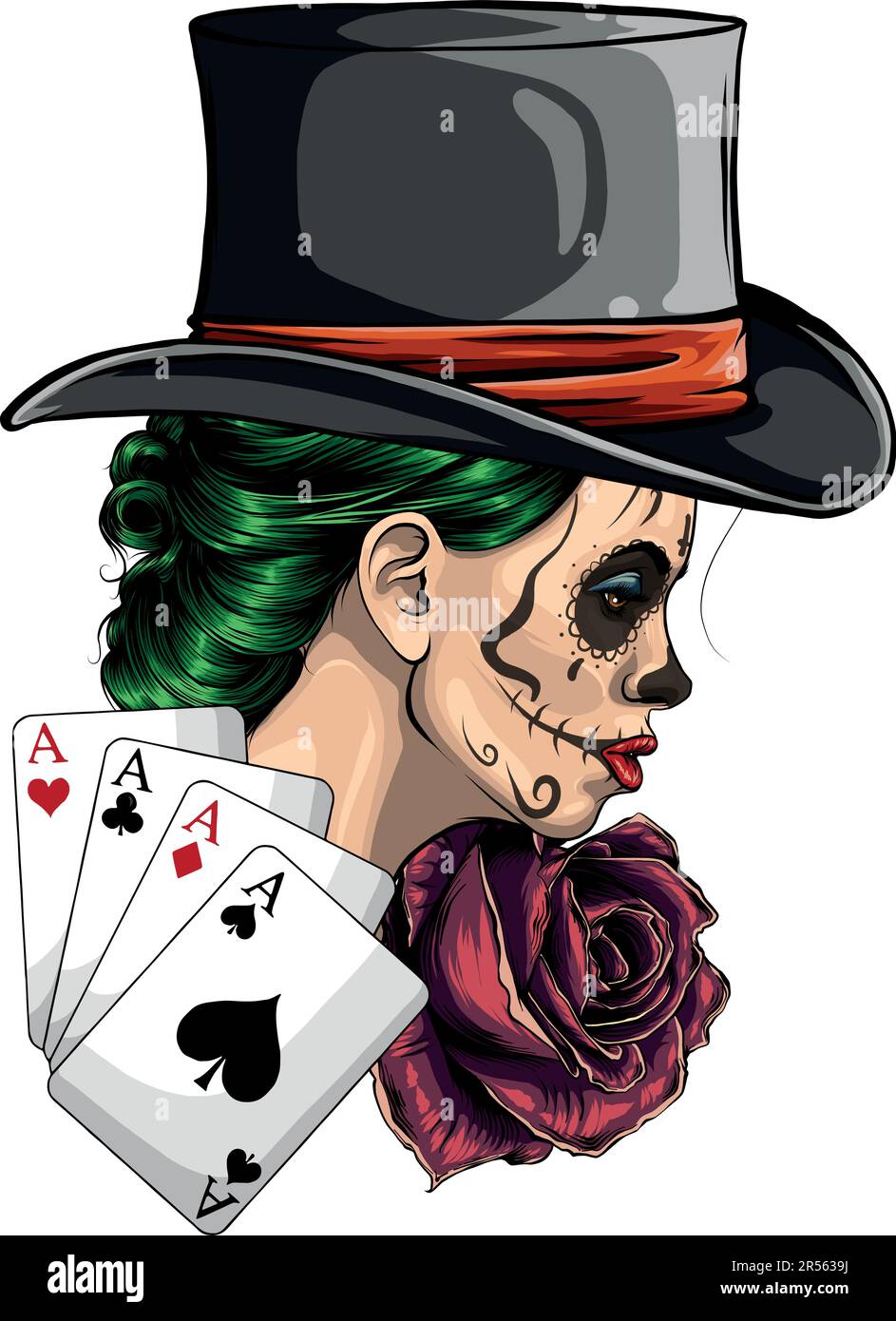 vector illustration of woman head with poker aces and rose Stock Vector ...