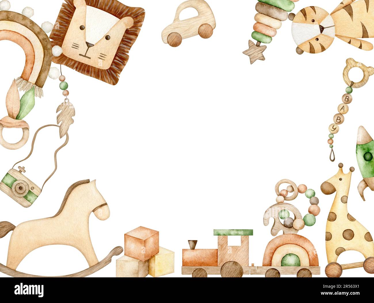 Welcome baby. Rectangular frame of childrens wooden toys, newborn ...