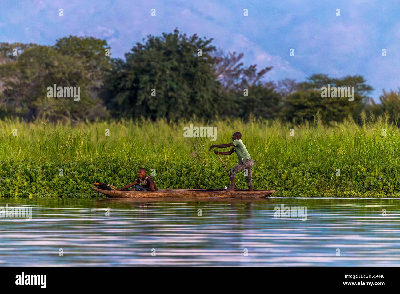 Fisherman in a dugout canoe on his way to fish on the Shire River ...