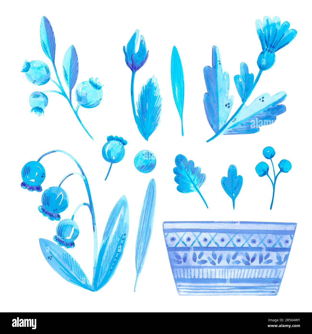 Hand drawn watercolor blue flowers and leavves set with a basket ...