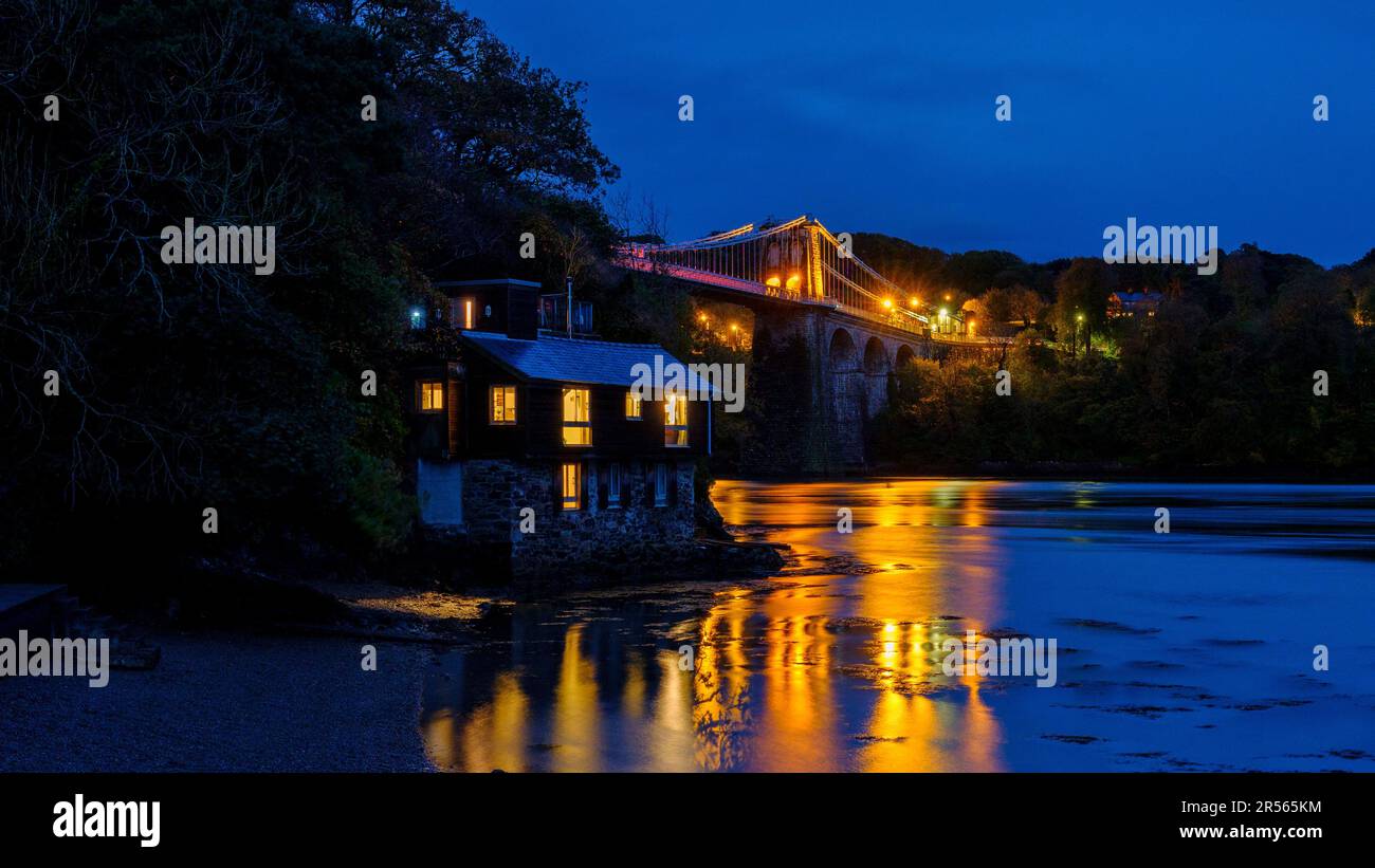 Menai Bridge, Wales - November 1, 2022: Menai Bridge at night, Anglesey ...