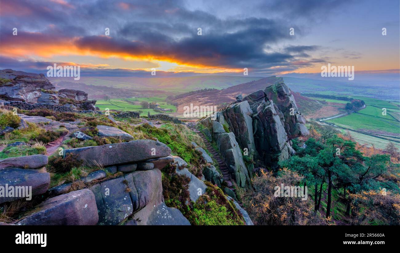 Leek, UK - November 19, 2022: Winter sunrise over the Roaches near Leek ...